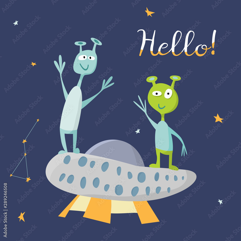 Vector illustration of cute aliens standing on UFO saying HELLO in ...