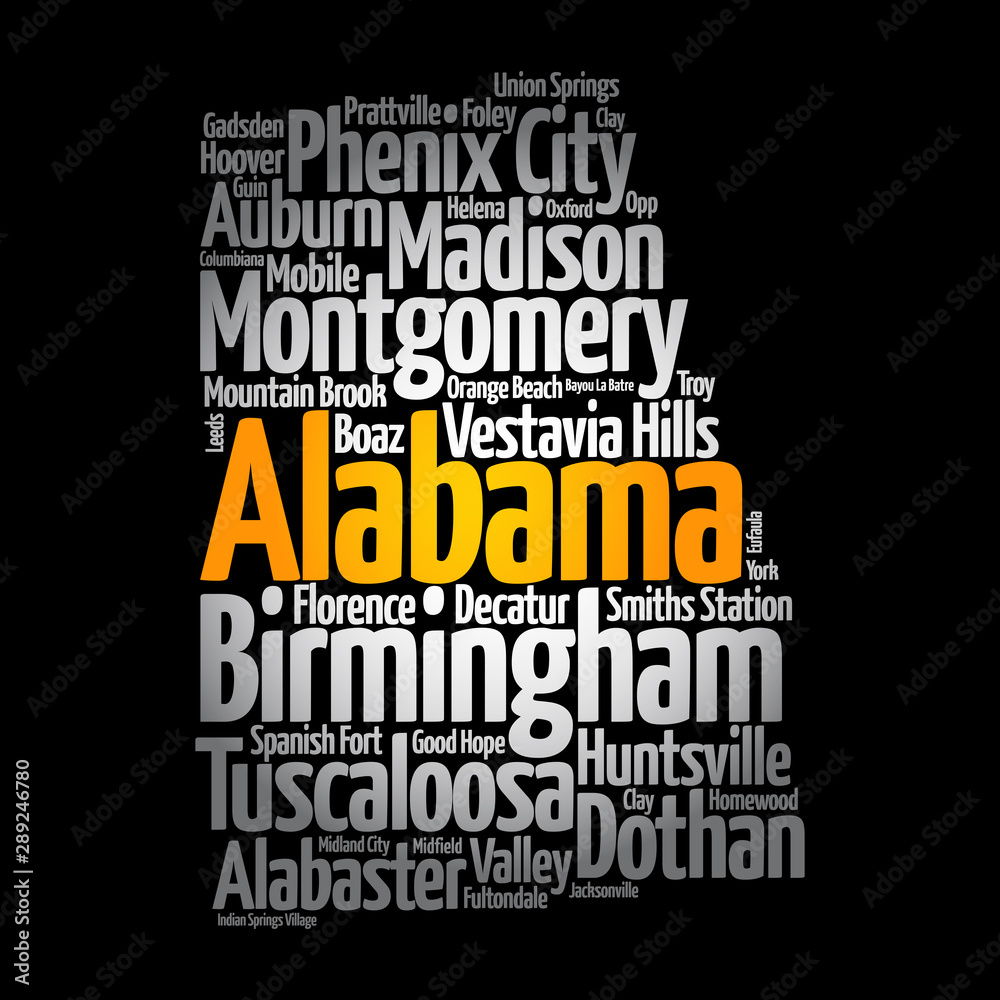 List of cities in Alabama USA state, map silhouette word cloud map ...