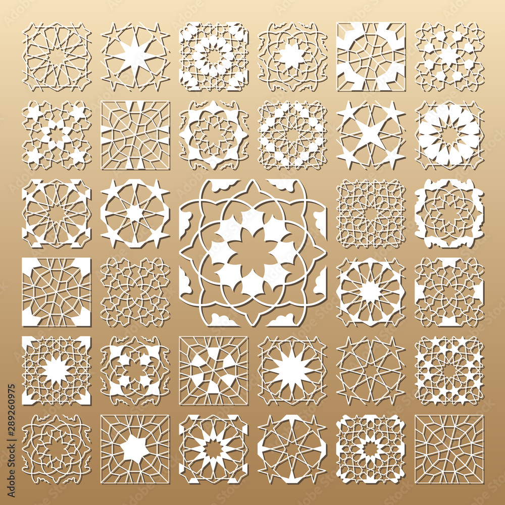Laser cut vector panels (ratio 1:1). Cutout silhouette with geometric ...