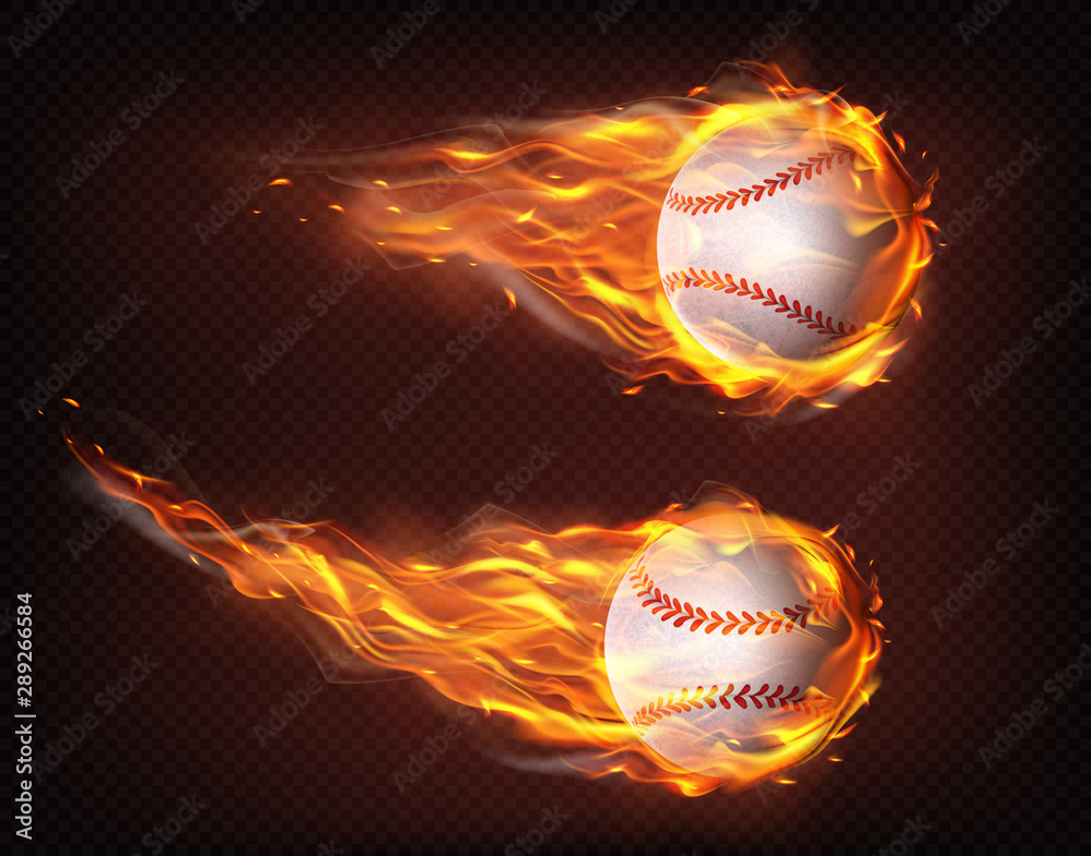 Firing, flying engulfed in flames baseball balls 3d realistic vector ...