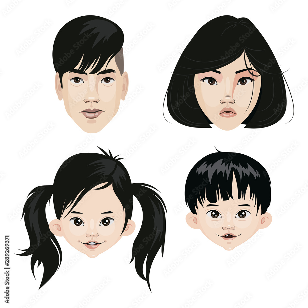 Set of a family of Asian nationality. A collection of portraits of ...