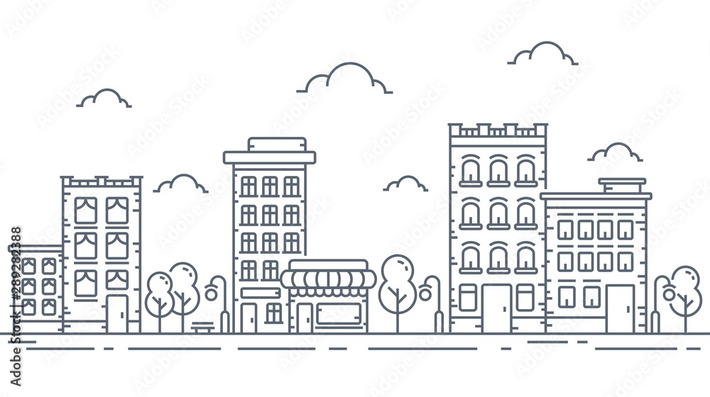 City skyline in line art style, Landscape with houses, trees and clouds ...