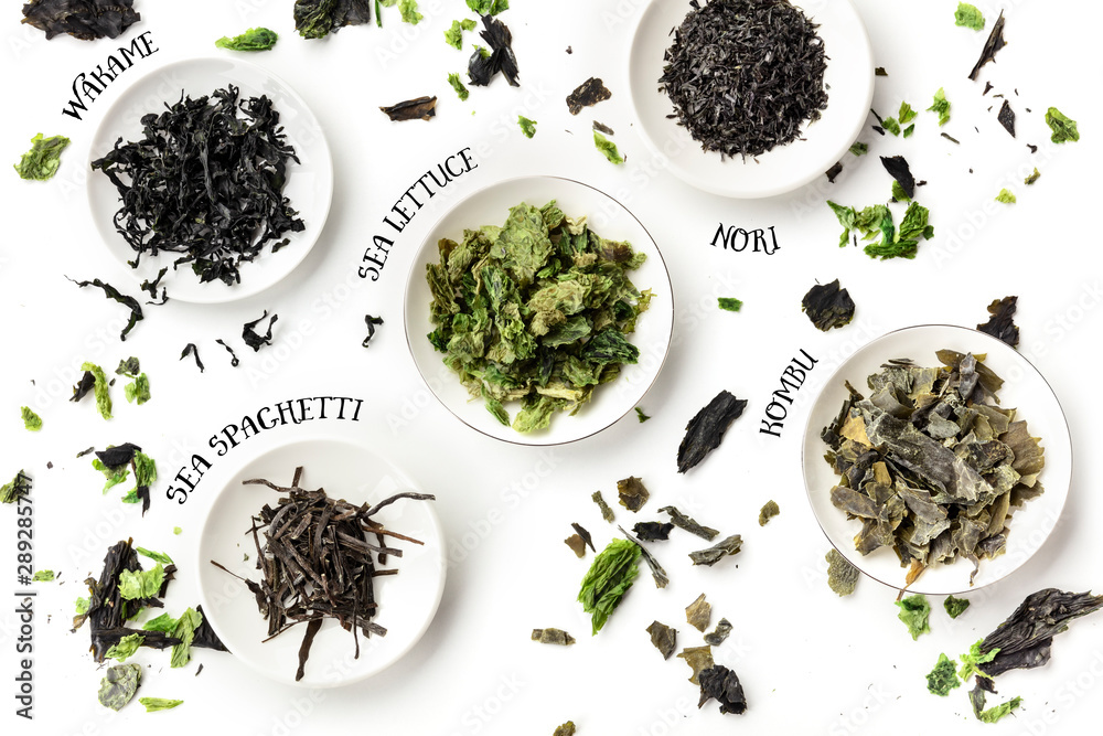 Dry seaweed, sea vegetables, with their names, shot from above on a ...