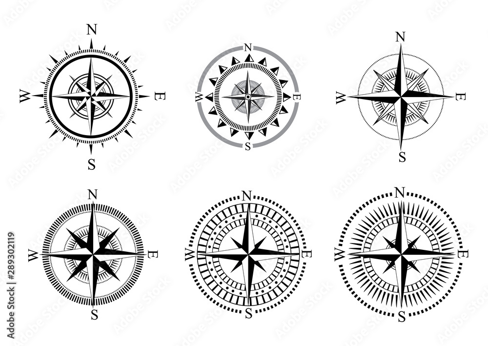 Collection of logos of the compass. Stylized sea compasses with a wind ...