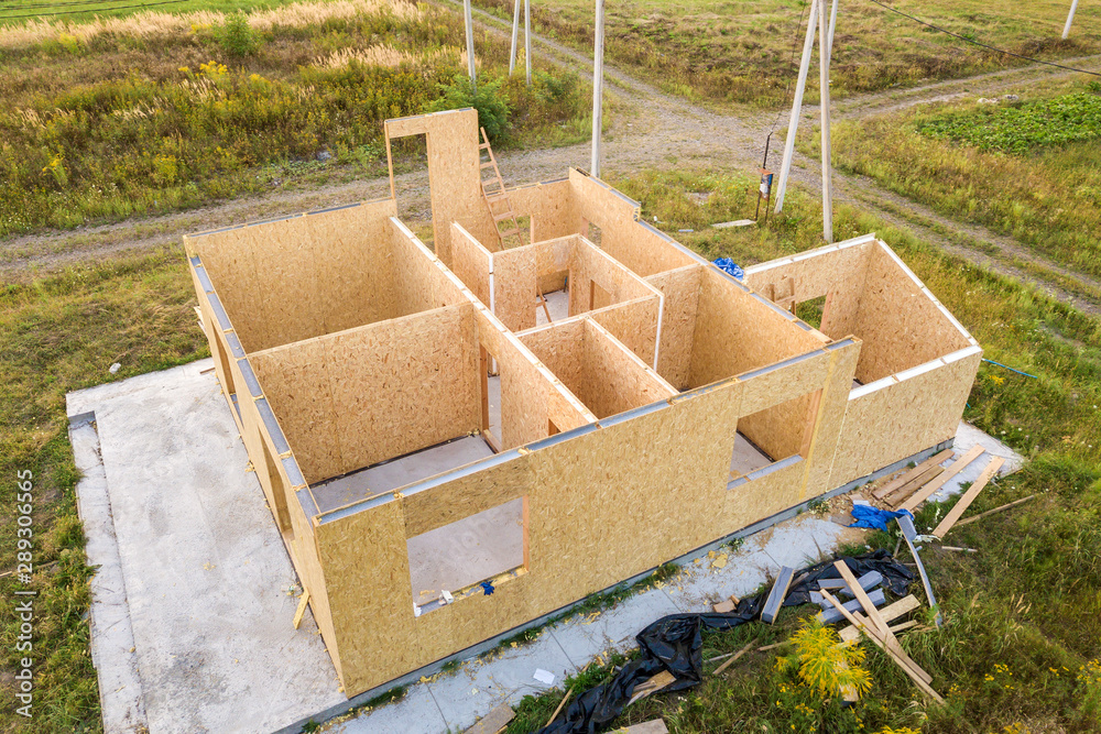 Construction of new and modern modular house. Walls made from composite ...