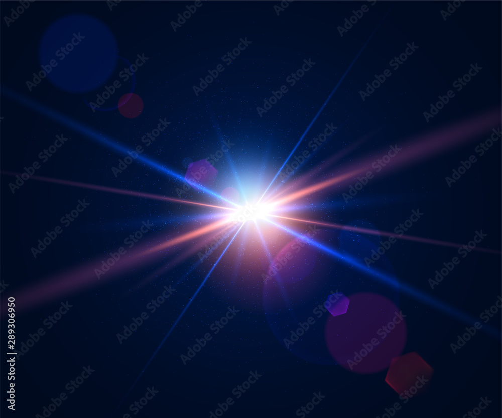 Lens flare of camera. Shining cinematic effect shooting against the sun. Sparkling light effects ...