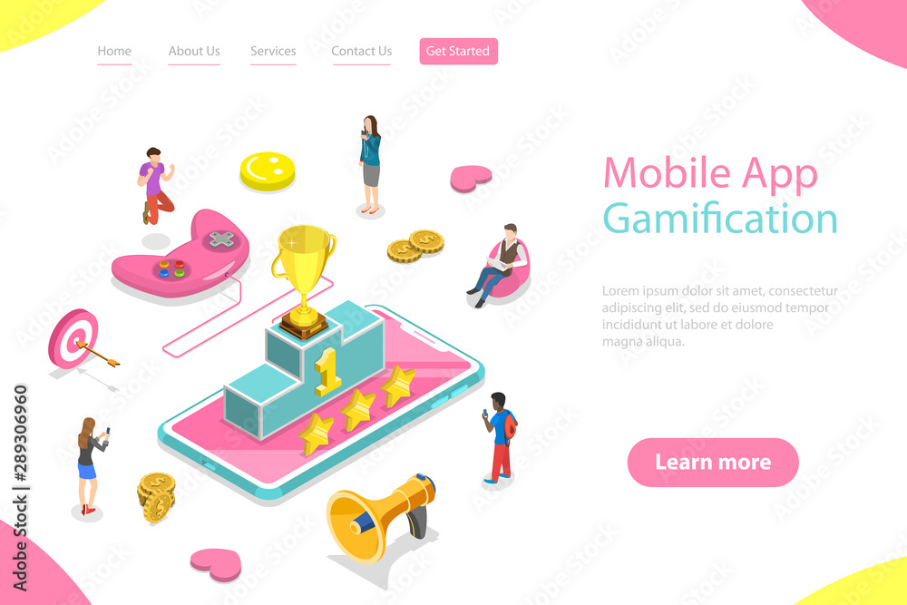 Isometric flat vector landing page template of interactive content for ...