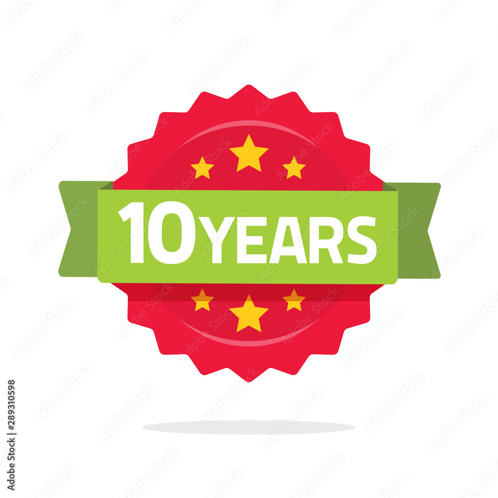 10 years anniversary logo template with green ribbon and number, flat ...