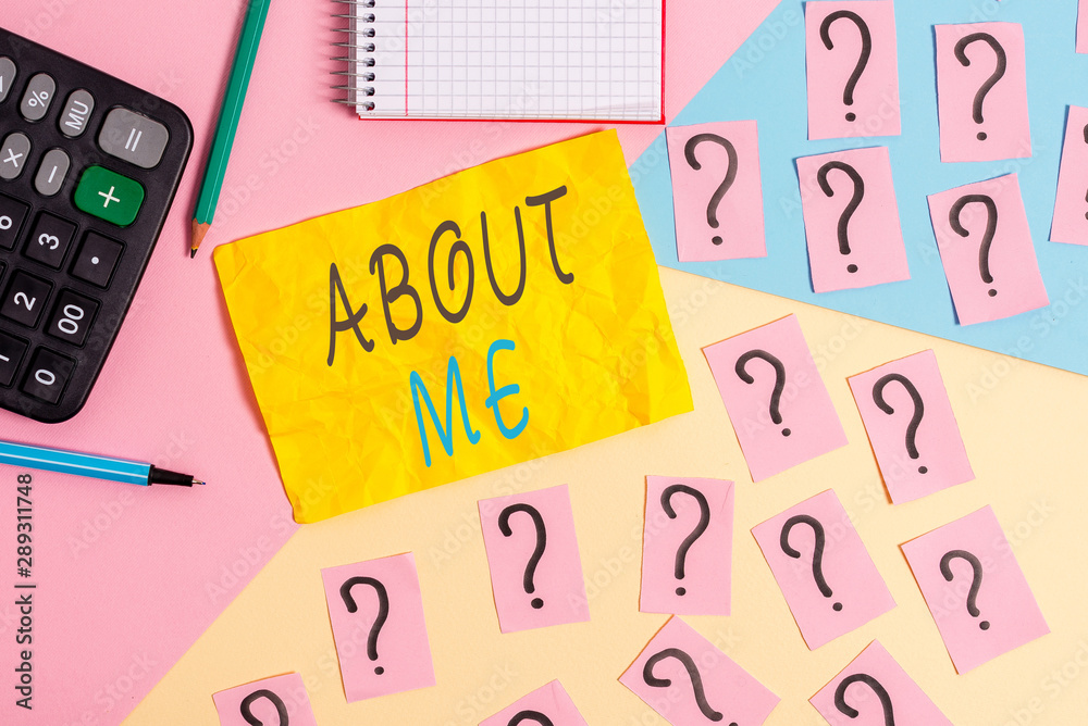 Writing note showing About Me. Business concept for telling someone ...