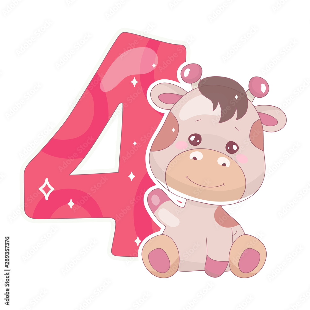 Cute four number with baby giraffe cartoon illustration. School math ...