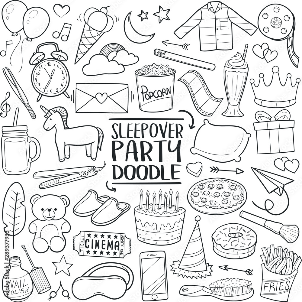 Sleepover Party Girls Traditional Doodle Icons Sketch Hand Made Design