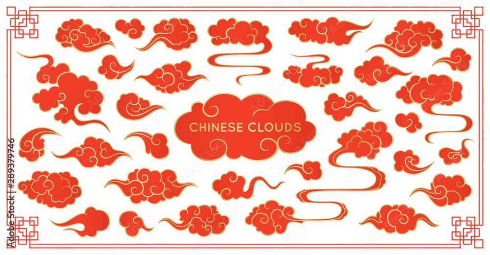Asian cloud red set. Traditional cloudy ornaments in chinese, korean ...