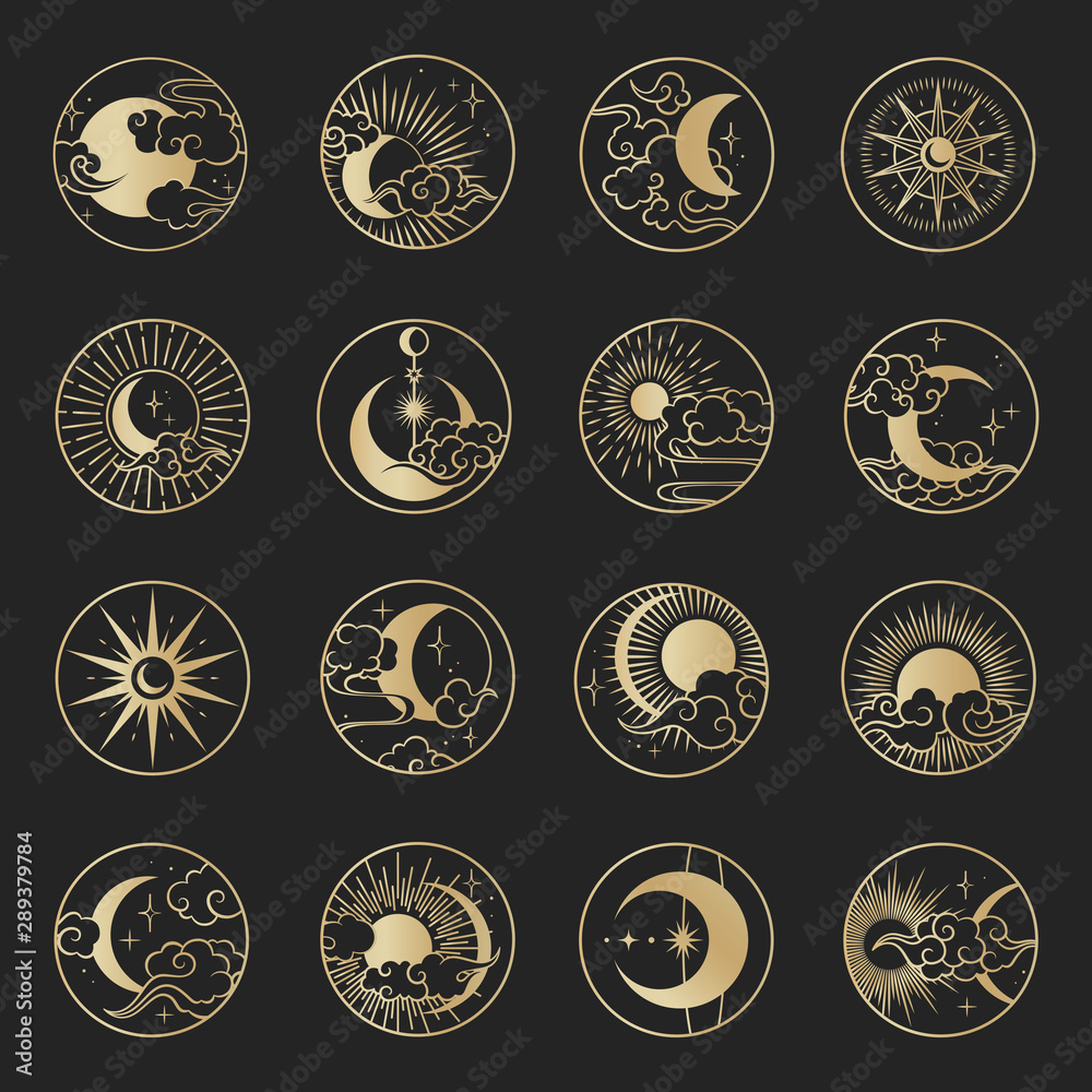 Asian circle pattern set with clouds, moon, sun, stars . Vector ...