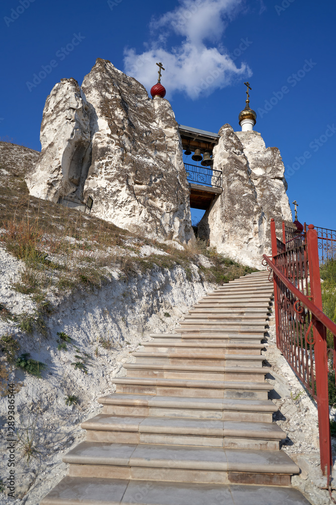 Stairway to the Spassky Cave Temple which carved in a chalky rock ...