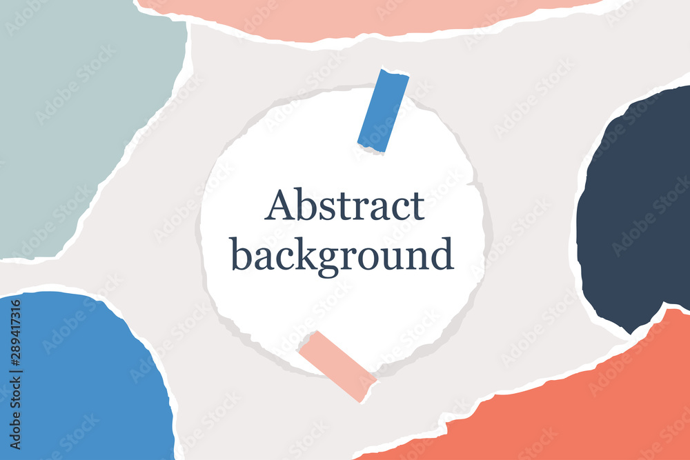 Abstract background with torn paper pieces in pastel colors and round ...