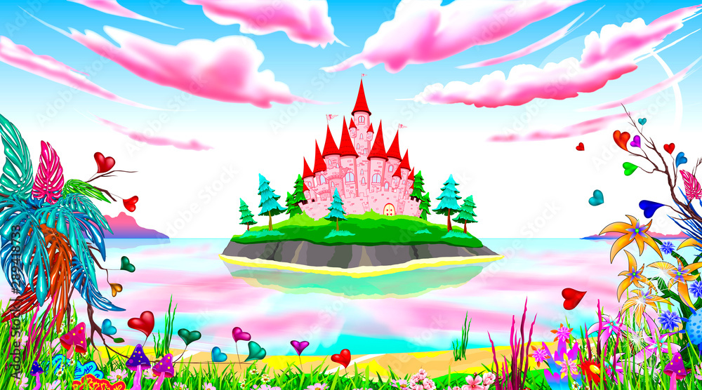 Pink princess castle fairytale landscape. Fantasy fabulous landscape ...