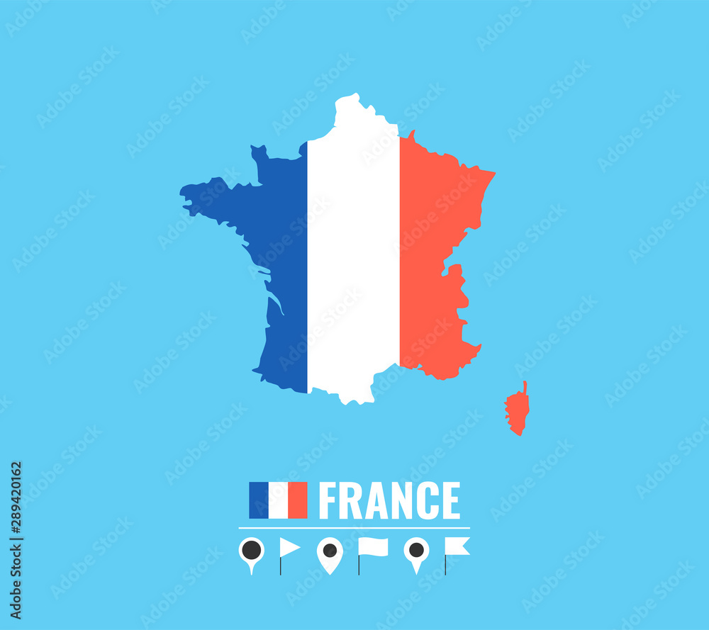High detailed vector map of France. Name country, flag and pointer set ...