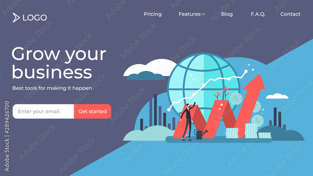 Stock market tiny persons vector illustration landing page template ...
