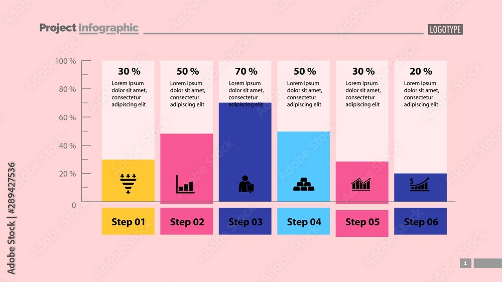 Six columns bar chart slide template. Business data. Percent, diagram ...