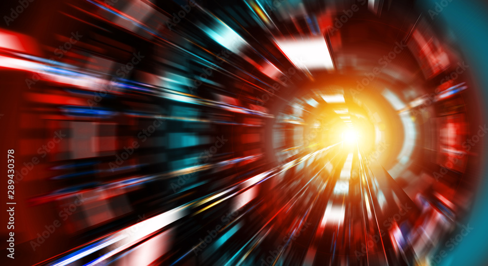 Abstract zoom effect in a red blue dark tunnel background with traffic ...