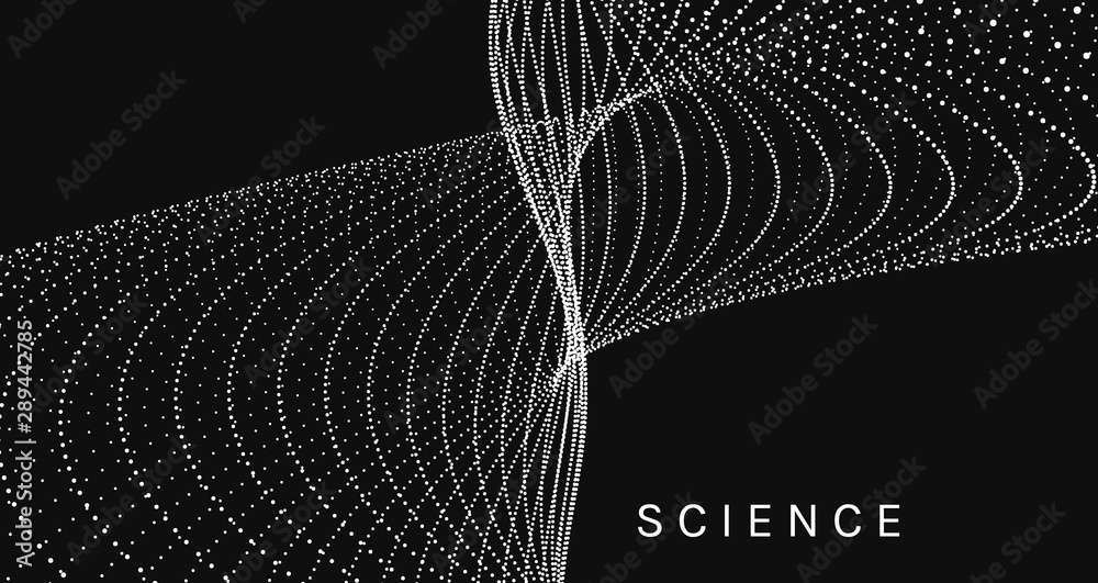 Array with dynamic particles. Swirl with connected dots. Abstract ...