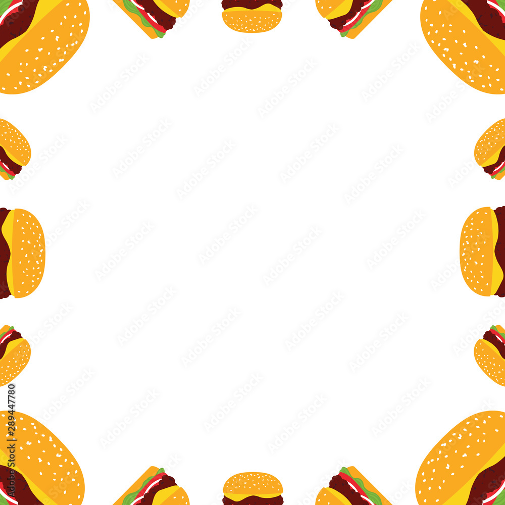 Vector frame, card template with cartoon cheeseburgers, burgers for ...