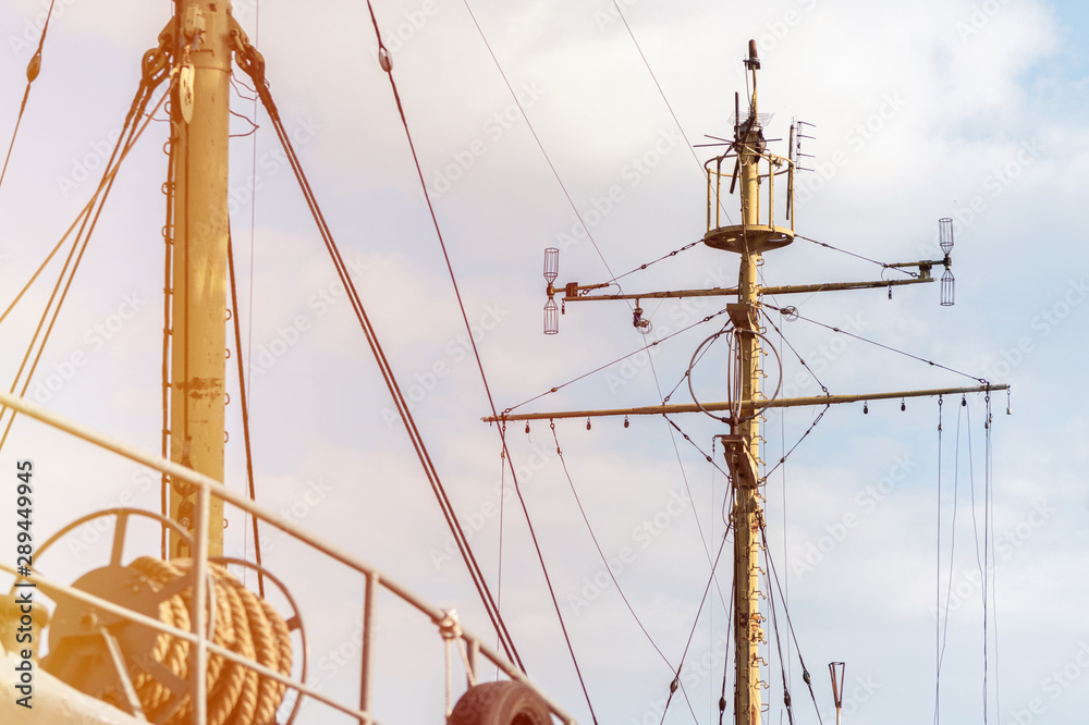 Ship mast of frigate, longboat or navy battleship. Metal mast pole ...