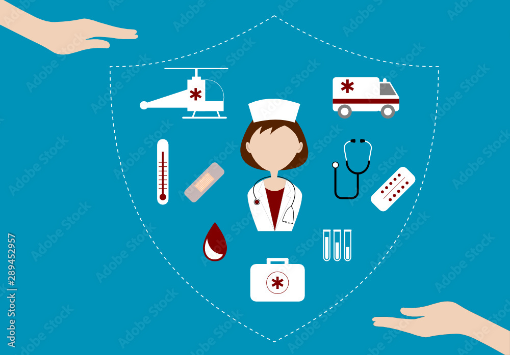Nurse character and medical icons with hands and shield symbolizing ...