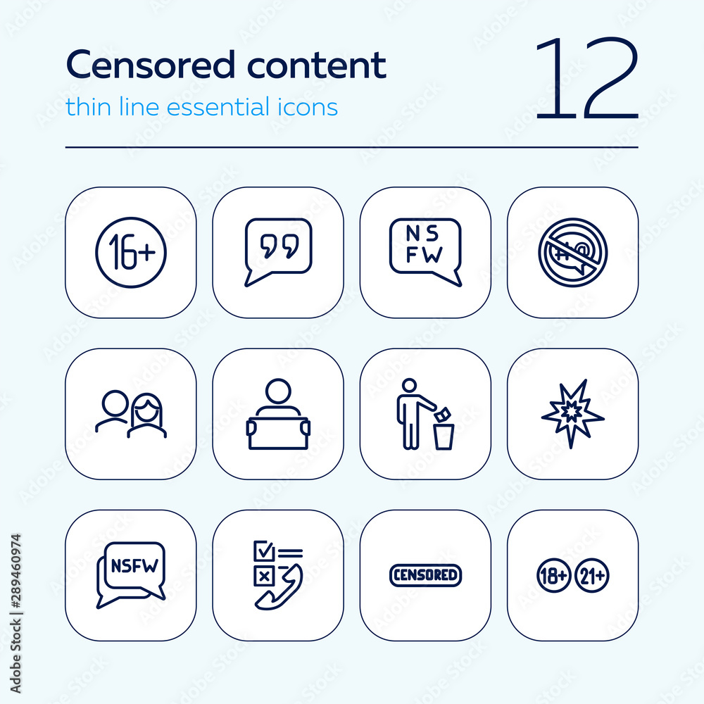 Censored content line icon set. Stamp, adult content, man throwing ...