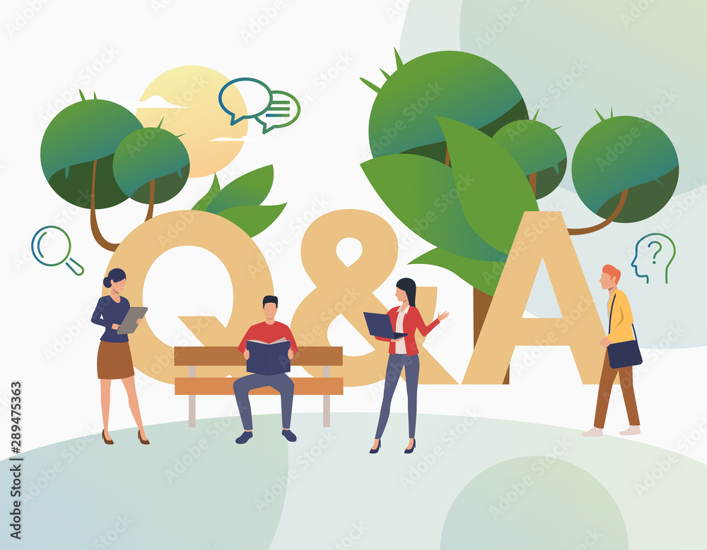 Group of people getting answers for questions landing page. FAQ ...