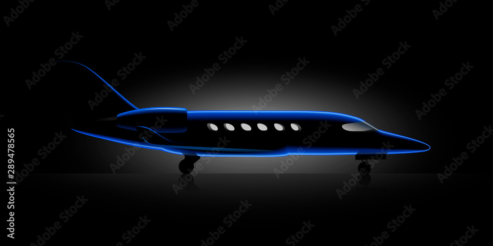 blue Realistic private jet business class aircraft in the night Flies ...