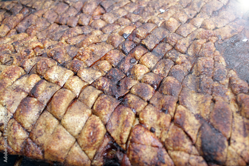 Roasted pork meat. Swine, pig, hog, sow on a barbeque. Grilled meat ...
