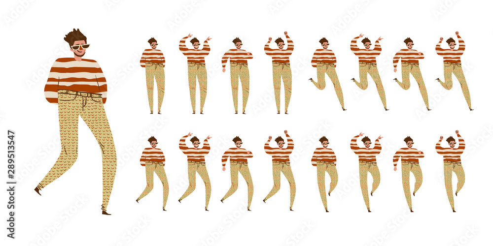 Man dances. Big set of characters in various positions. Happy man with ...