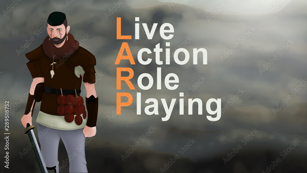 Larp game word text with Warrior armed with sword viking and leather ...