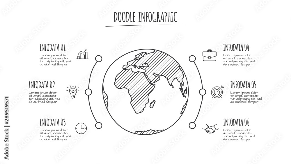 Doodle globe infographic with 6 options. Hand drawn icons. Thin line ...