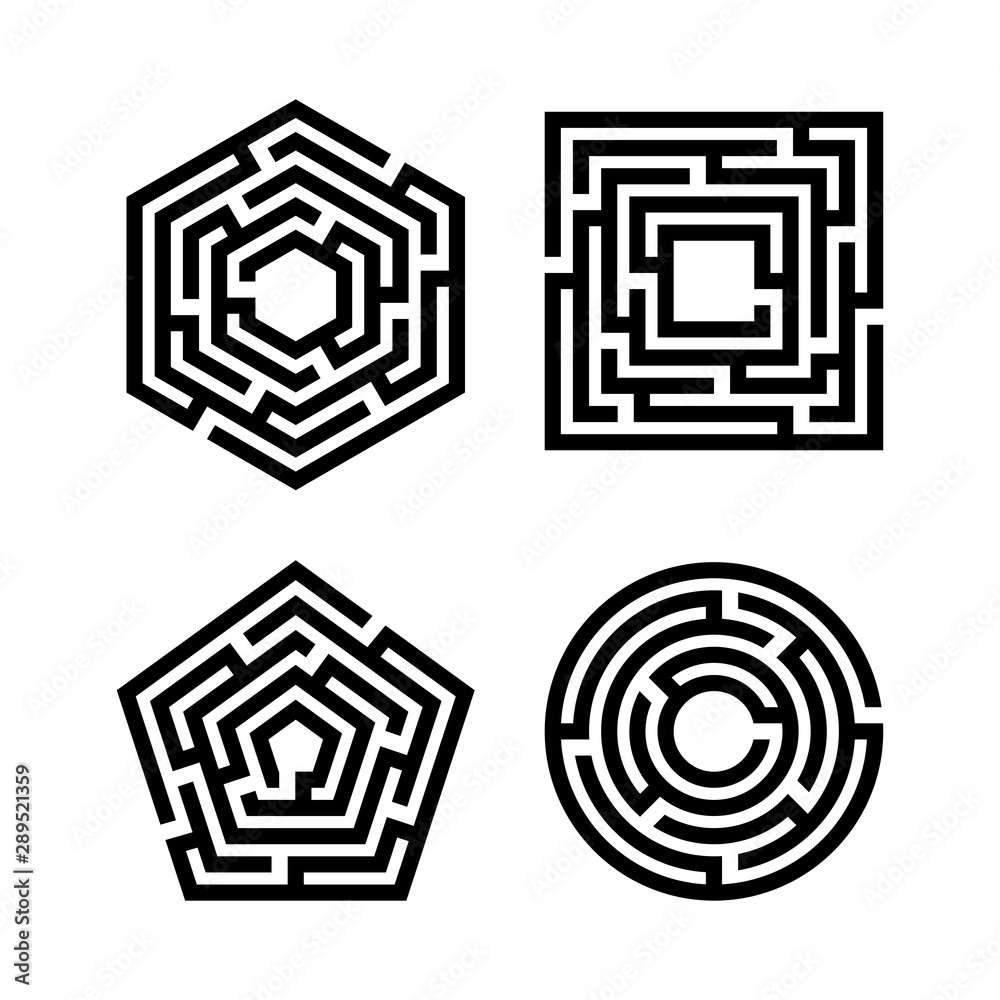 Abstract maze set. Collection of labyrinths in shapes of circle, square ...