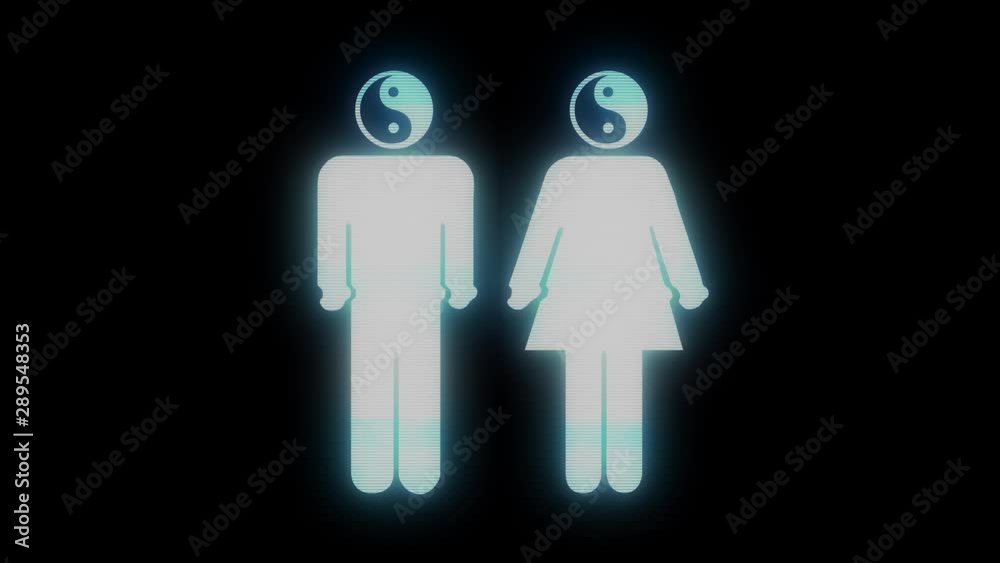 White icons of man and woman with Yin Yang heads on black background ...