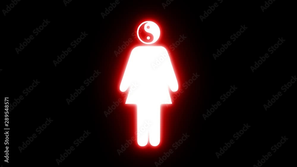 White icon of a woman with Yin Yang symbol head on black background ...