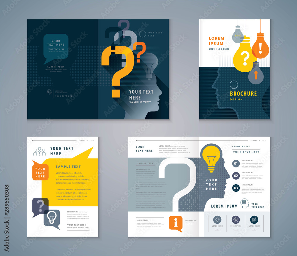 Cover Book Design Set, colorful Human head with Light Bulb and Question ...