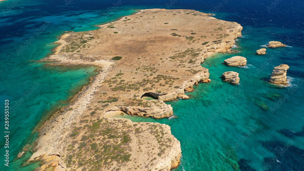 Aerial drone photo of small islet of Glaronisi with paradise emerald ...