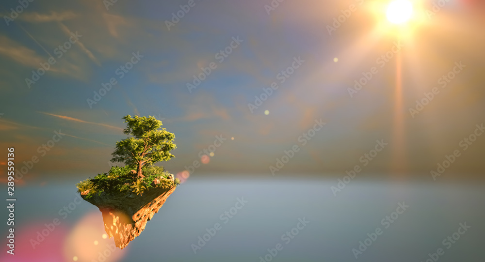 Fantasy floating island with natural tree on the rock, surreal float ...