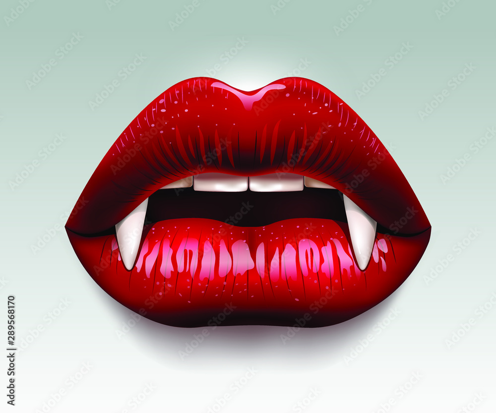 Red female lips with fangs, vampire, woman vamp, teeth. Festive poster ...