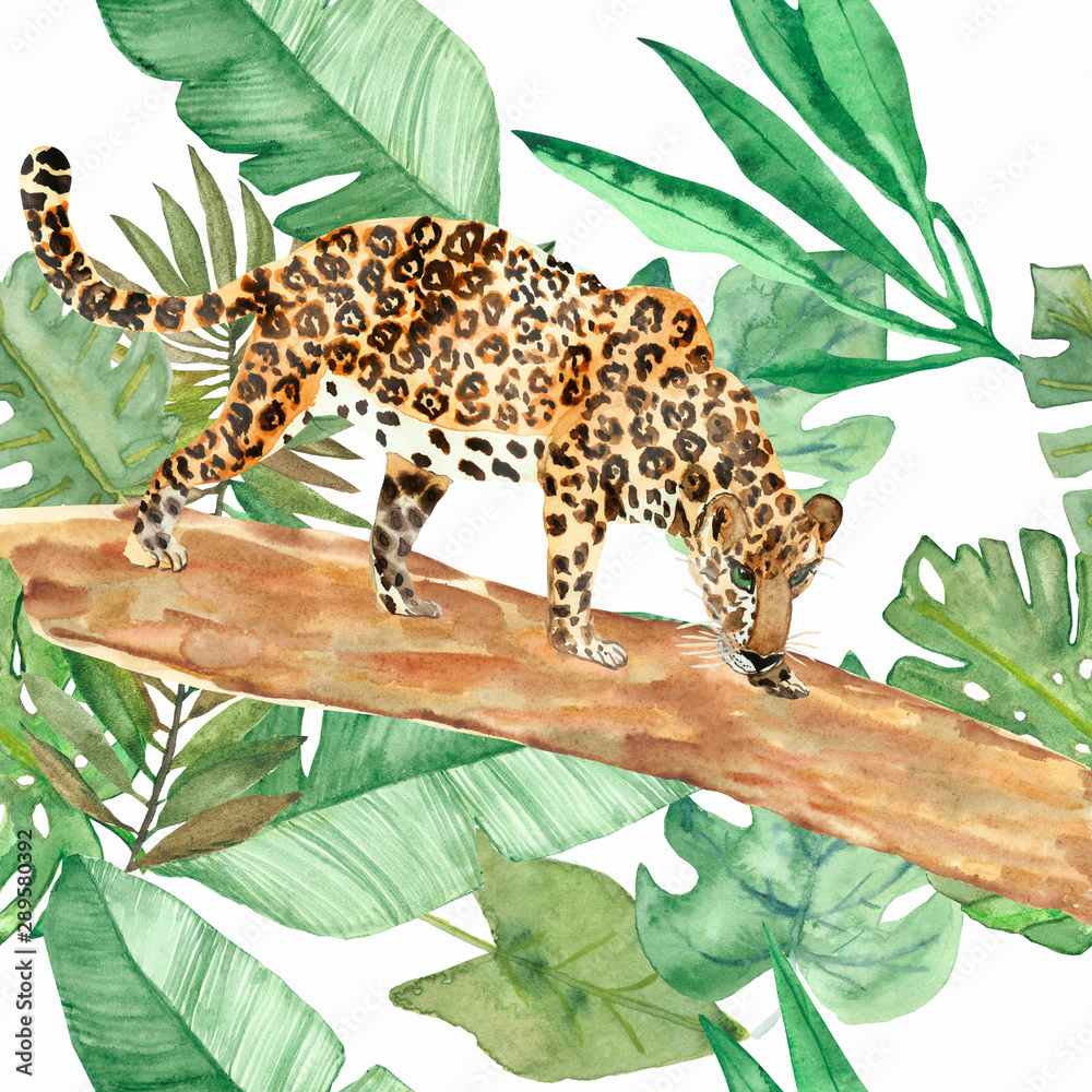 Watercolor hand painted nature wild pattern with leopard animal walking ...