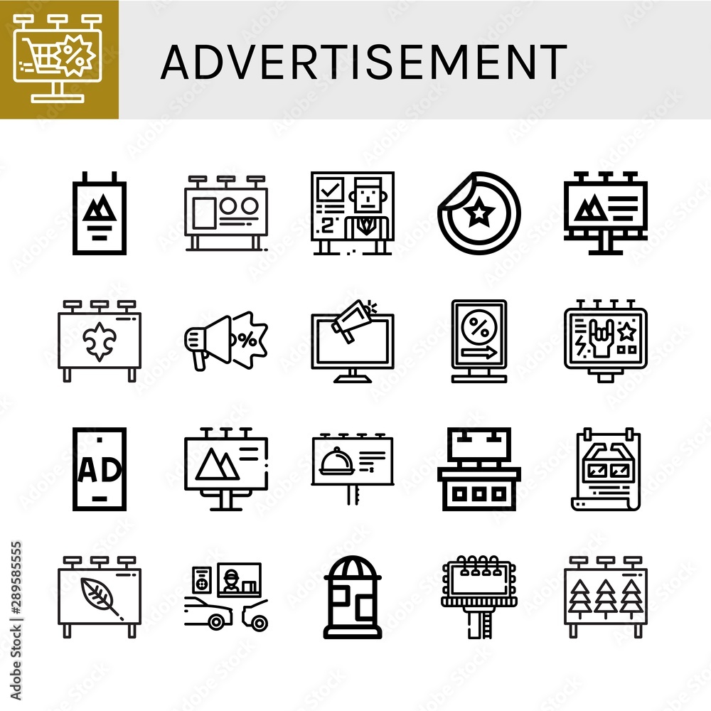 Set of advertisement icons such as Billboard, Poster, Sticker ...