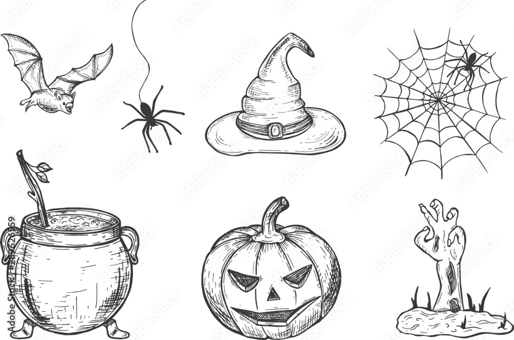 Halloween set. witch hat. Cauldron with potion. bat, spiders, zombie ...