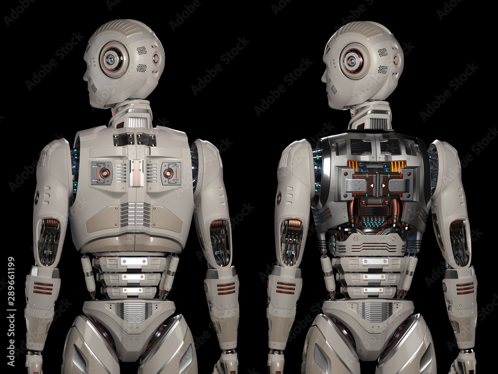 two futuristic robots or very detailed humanoids standing near each ...