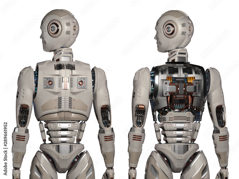 two futuristic robots or very detailed humanoids standing near each ...