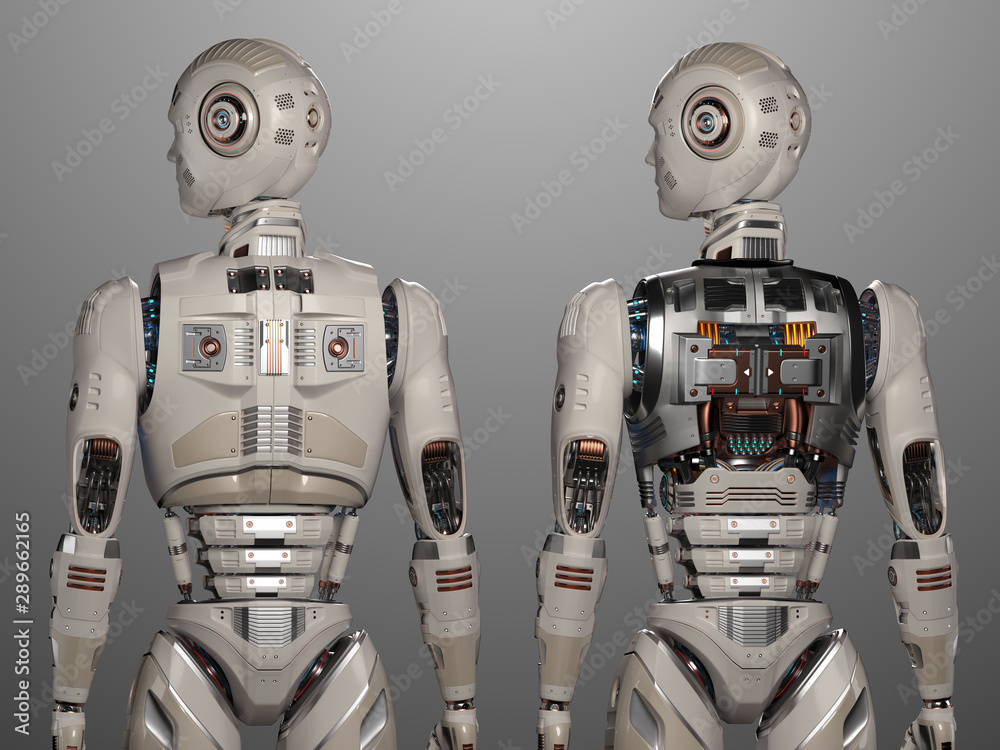 two futuristic robots or very detailed humanoids standing near each other and looking leftwards ...