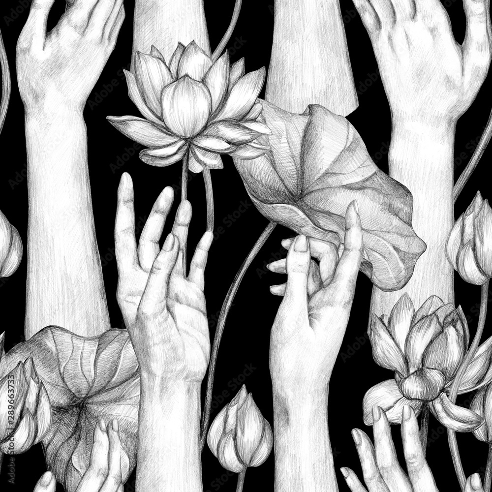 Original seamless pattern. Beautiful gentle hands and lotuses. Pencil ...