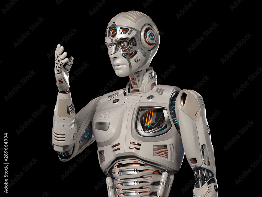 Very detailed futuristic cyborg or humanoid looking at his arm. Some ...